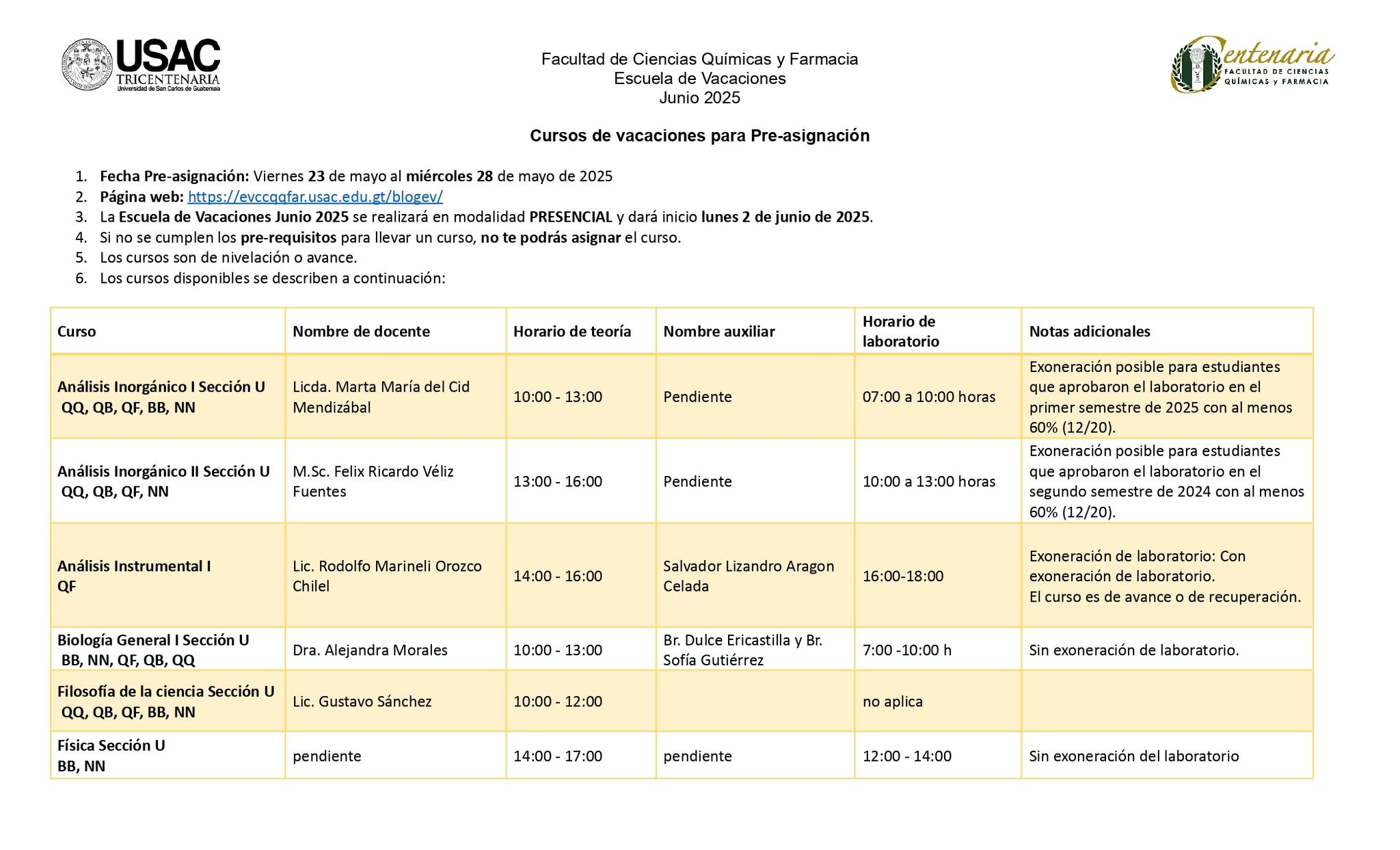 Cursos de Escuela de Vacaciones Junio 2025. – Escuela de Química Biológica